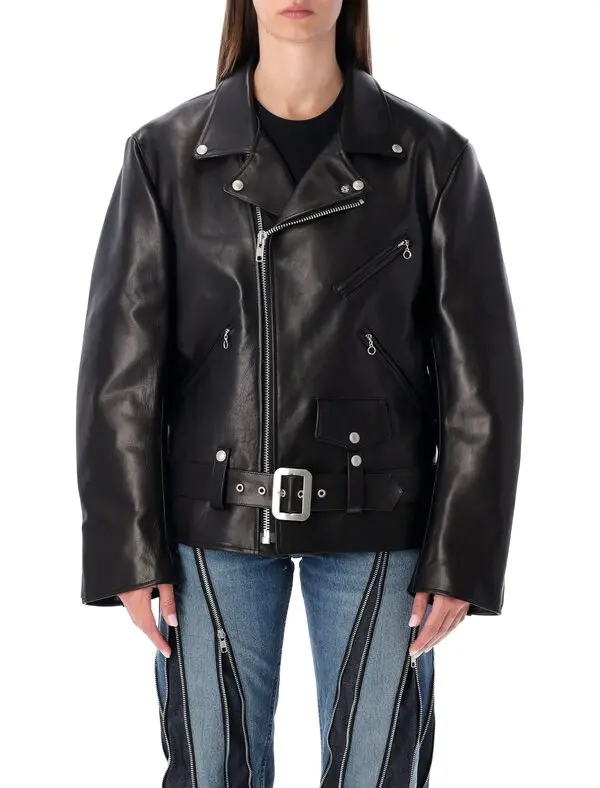 Junya Watanabe Asymmetrical Zip Leather Biker Jacket - Black