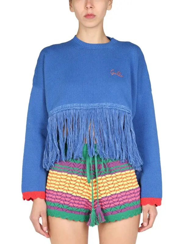 GALLO Embroidered Logo Crew Neck Sweater With Fringe Detail - Blue