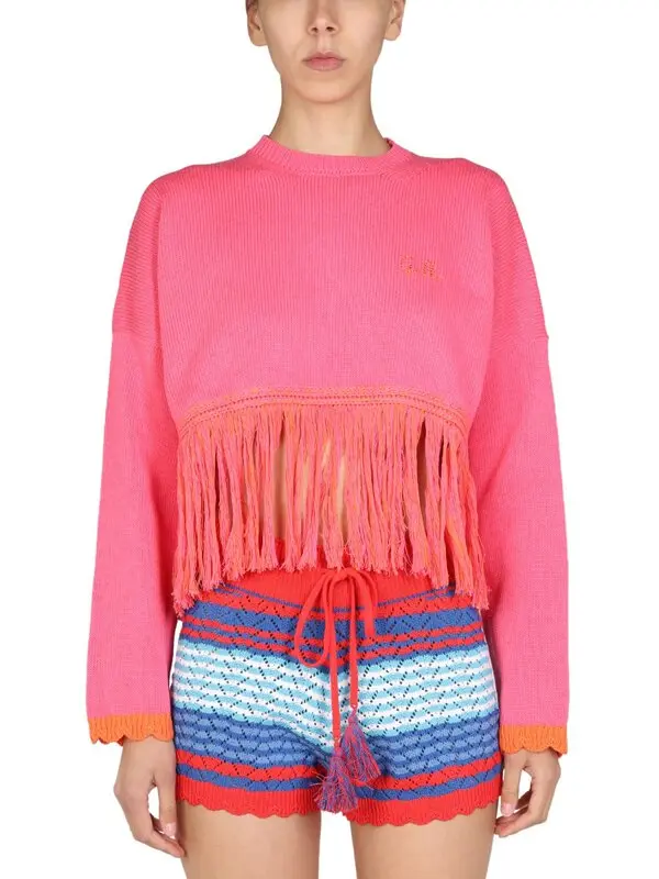 GALLO Embroidered Logo Crew Neck Sweater With Fringe Detail - Fuchsia