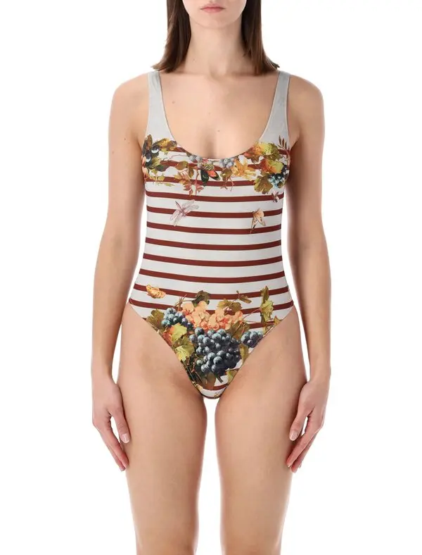 JEAN PAUL GAULTIER Striped One-piece Swimsuit With Floral And Insect Print - Light Blue Multi