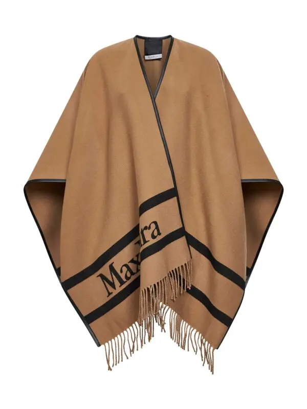 Max Mara Wool Poncho With Leather Trim And Fringe - Brown