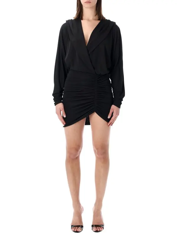 Andamane Long Sleeve Ruched Mini Dress With Hooded Plunge Neckline - Black