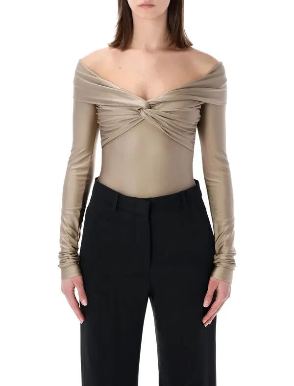 Andamane The Attico Off-shoulder Draped Knot Bodysuit - Light Greige