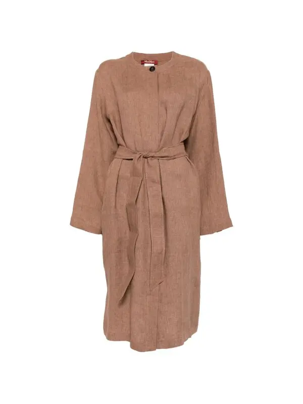 Max Mara Belted Long Sleeve Linen Shirt Dress - Brown