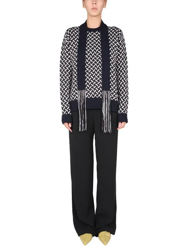 JIL SANDER Geometric Jacquard Wool Sweater With Fringe Detail - Multicolour