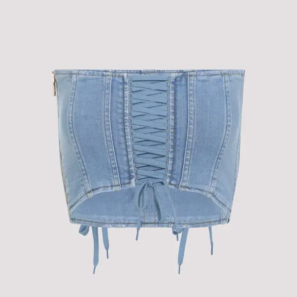 Elisabetta Franchi Denim Bustier Top With Crossover Laces