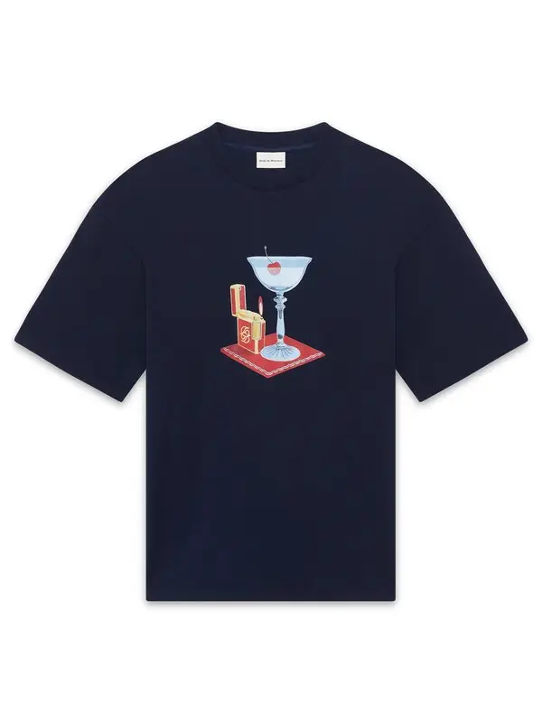 Drole De Monsieur Cocktail Print T-shirt With Ribbed Neckline Size - Blue
