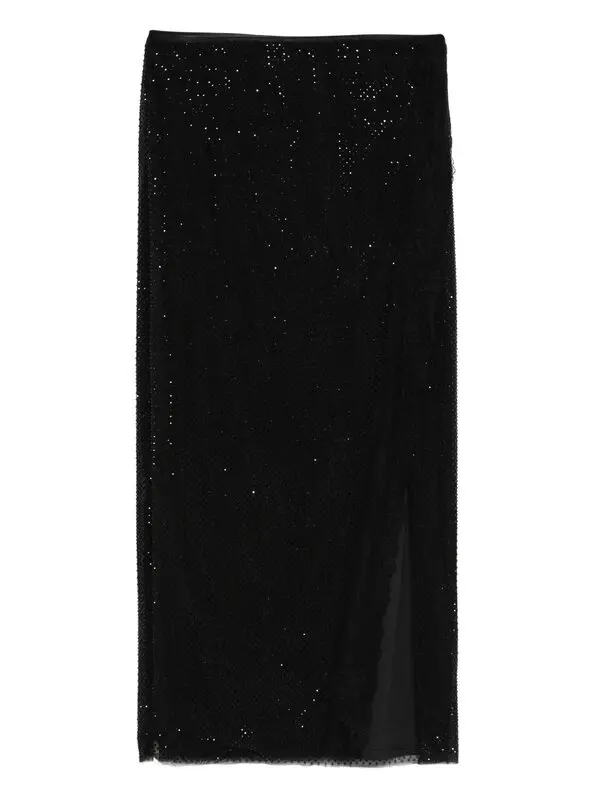 SELF-PORTRAIT Midi Skirt With Rhinestone Embellishments And Slit - Black