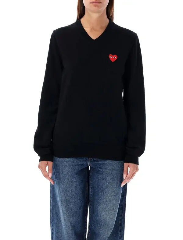 Play Comme Des Garcon Wool V-neck Sweater With Red Heart Patch - Black