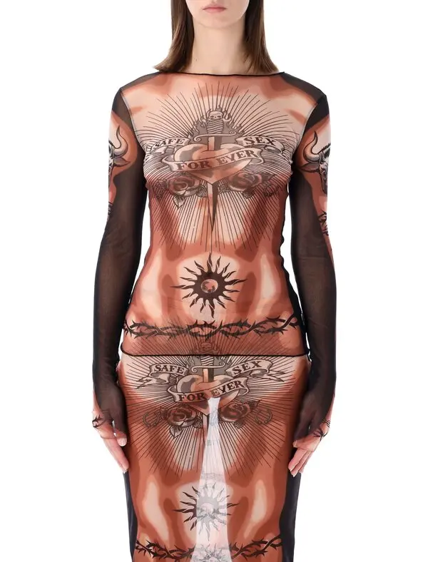 JEAN PAUL GAULTIER Tattoo Print Stretch Tulle Long Sleeve Top - Nude Tatoo