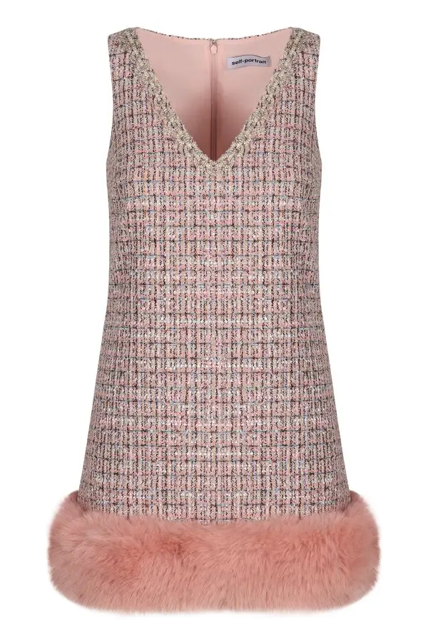SELF-PORTRAIT Boucle Fur Hem Mini Dress - Pink
