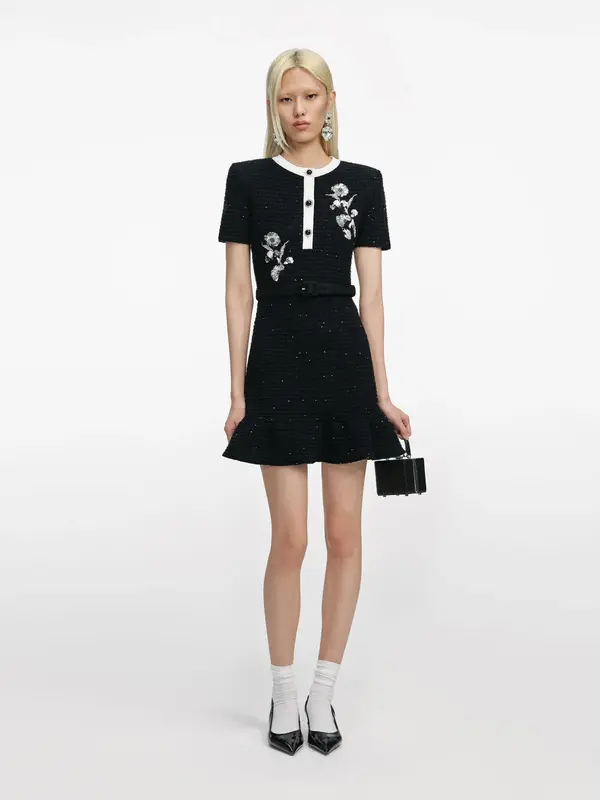 SELF-PORTRAIT Crepe Mini Dress With Faux Fur Trim - Black