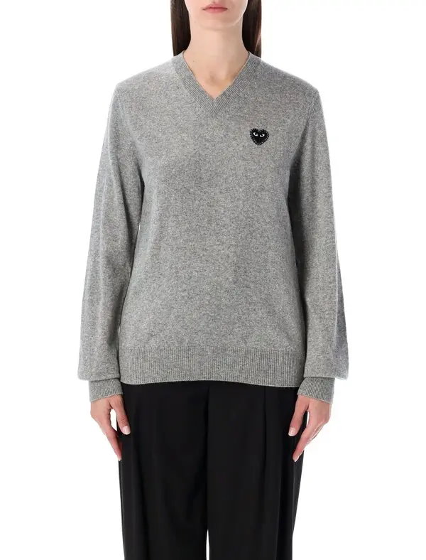Play Comme Des Garcon Wool V-neck Sweater With Crystal Embellished Heart - Grey