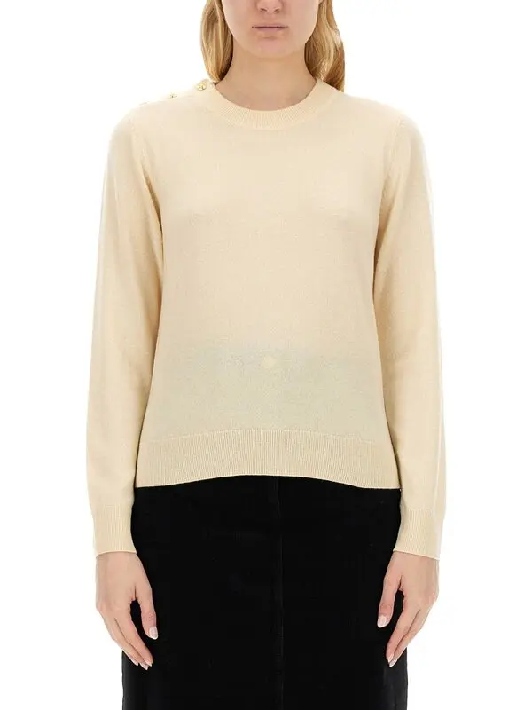 GANNI Regular Fit O-neck Sweater With Button Detail - Ivory