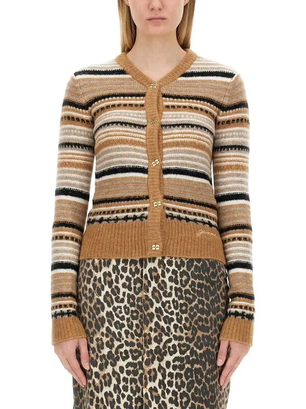 GANNI Soft Wool Stripe Cardigan - Beige