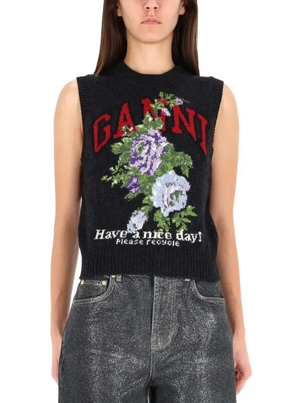 GANNI Graphic Knit Sleeveless Vest - Charcoal