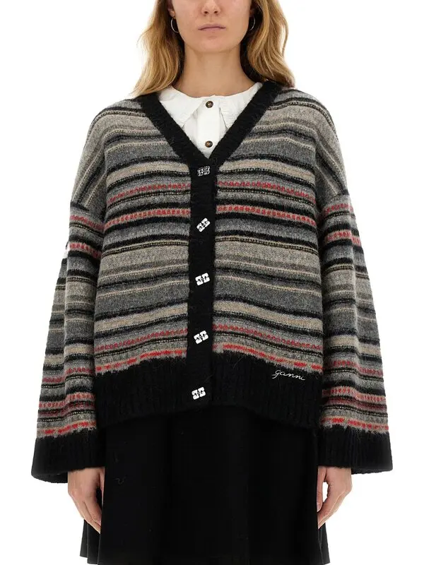 GANNI Striped Fine Knit V-neck Cardigan - Multicolour