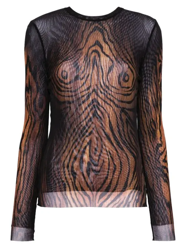 JEAN PAUL GAULTIER Graphic Print Sheer Mesh Long Sleeve Top - Black