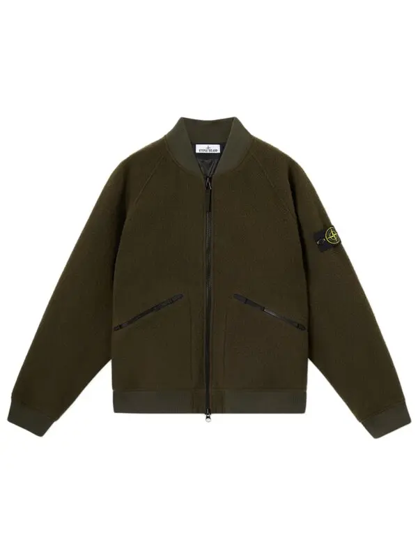 Stone Island Ribbed Bomber Jacket With Zip Pockets And Embroidered Logo - Green