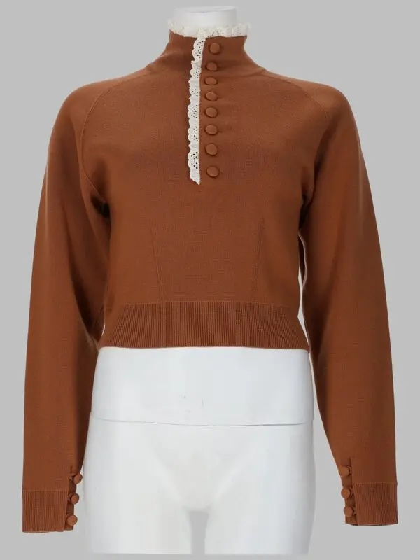 Chloé Lace-trimmed Button-front Wool Knit Top - Brown