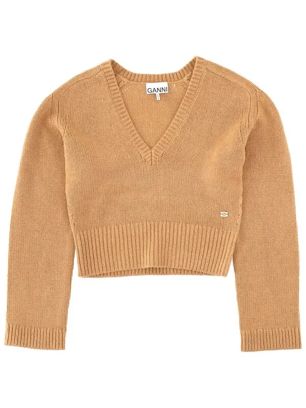 GANNI V-neck Cropped Knit Sweater - Beige