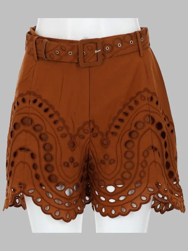 Charo Ruiz Ibiza Belted Eyelet Embroidered Shorts - Brown