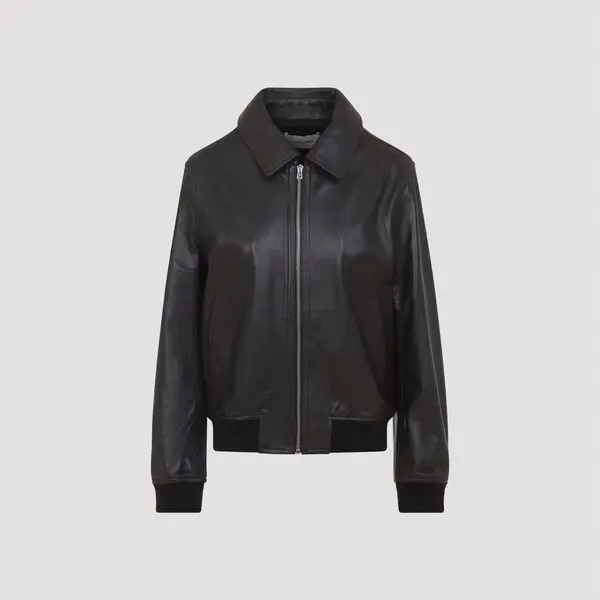 YVES SALOMON Leather Zip-up Jacket With Stand Collar - Brown
