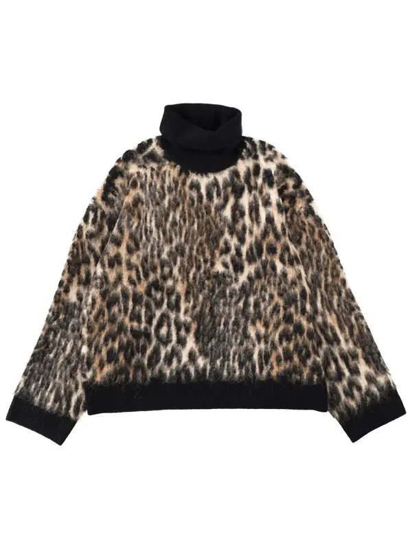 GANNI Leopard Print Fuzzy Turtleneck Sweater - Animalier
