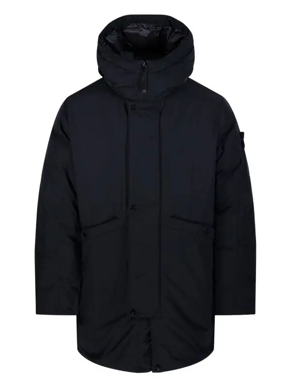 Stone Island Hooded Coat With Snap Pockets And Drawcord - Black