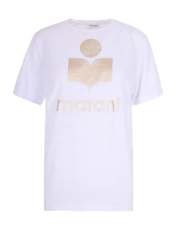 MARANT ETOILE White Linen T-shirt With Graphic Logo - White/light Gold