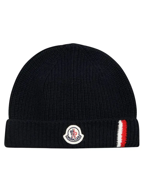 Moncler Ribbed Beanie With Flag Detail - Blu