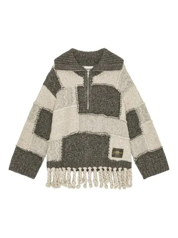 GANNI Patchwork Knit Zip-up With Fringe Detail