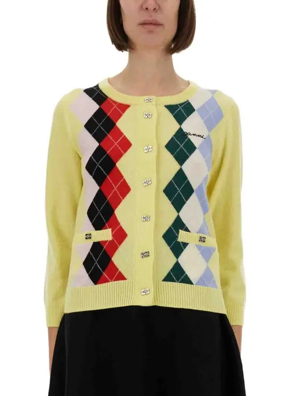 GANNI Argyle Cashmere Blend Cardigan With Crystal Buttons - Multicolour