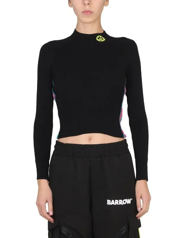 BARROW Black Ribbed Knit High Neck Top With Colorful Side Bands And Appliqué Logo - Multicolour