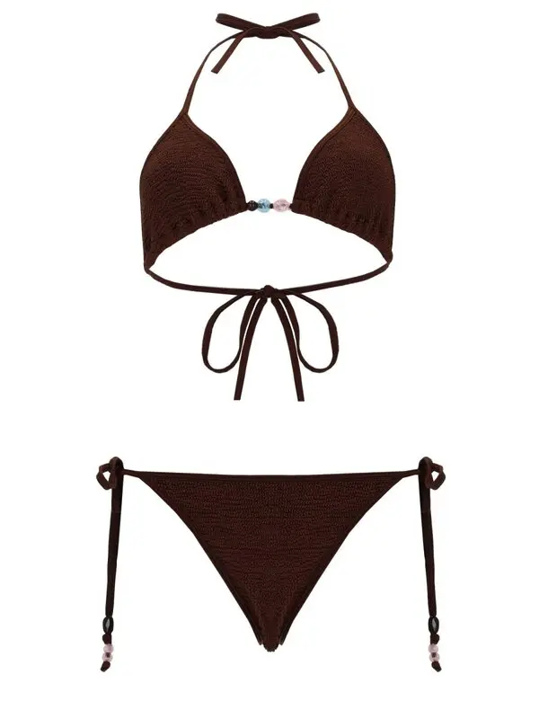 Hunza G Halterneck Triangle Bikini With Beaded Detail - Brown