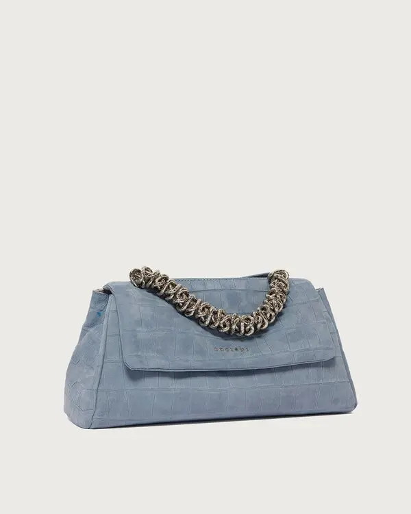 Orciani Grained Leather Croc Effect Shoulder Bag With Twisted Handle - Azzurro