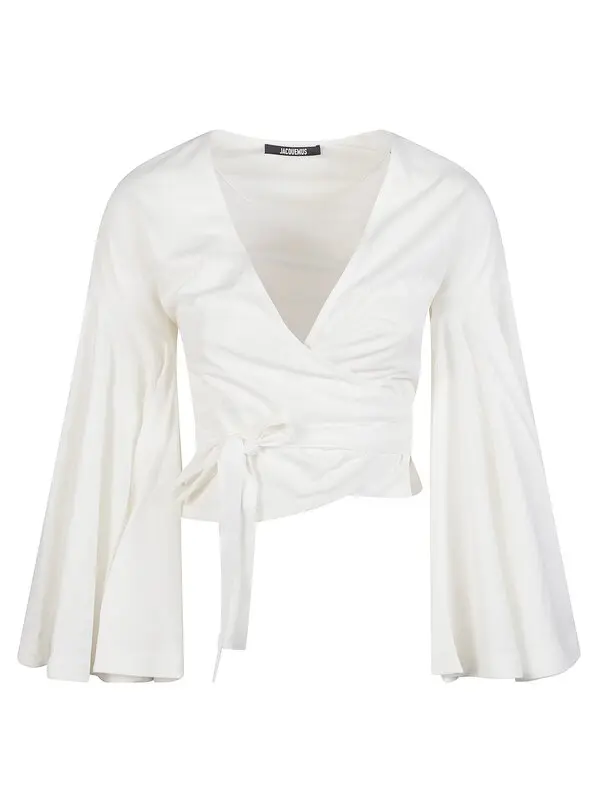 Jacquemus Long Sleeve Wrap Blouse With Flared Sleeves - White