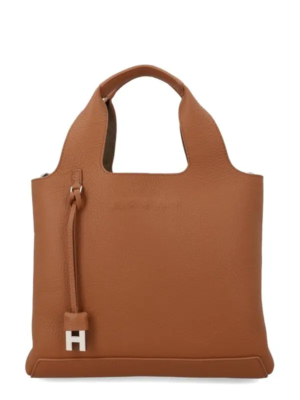 Hogan Textured Calfskin Leather Tote Bag With Logo Charm - Brown