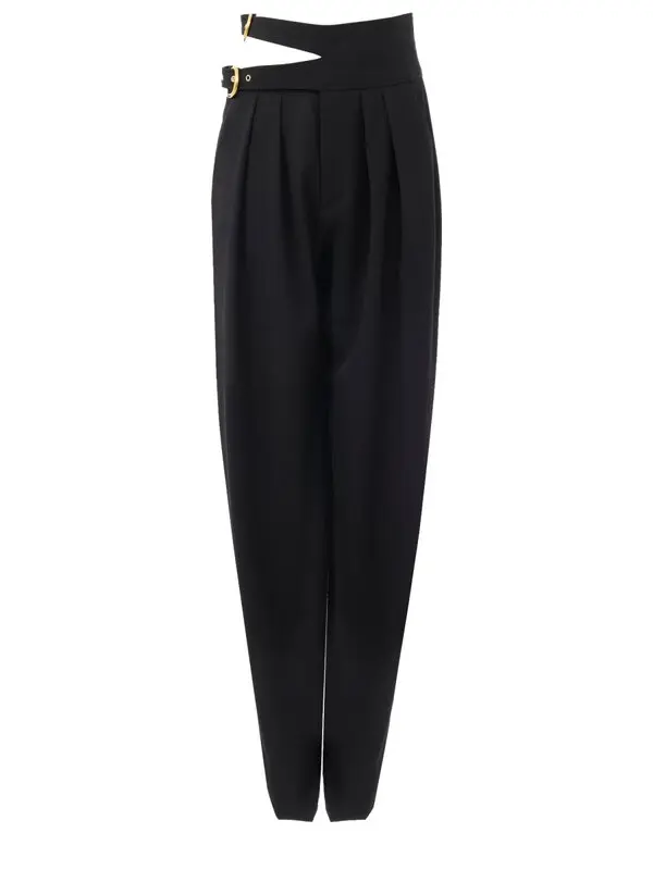 Chloé High-waisted Tailored Wool Grain De Poudre Pants With Double Belt Detail - Black