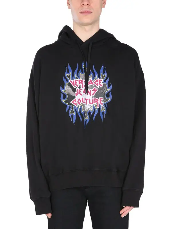 Versace Cotton Hooded Sweatshirt With Rock Logo - Black
