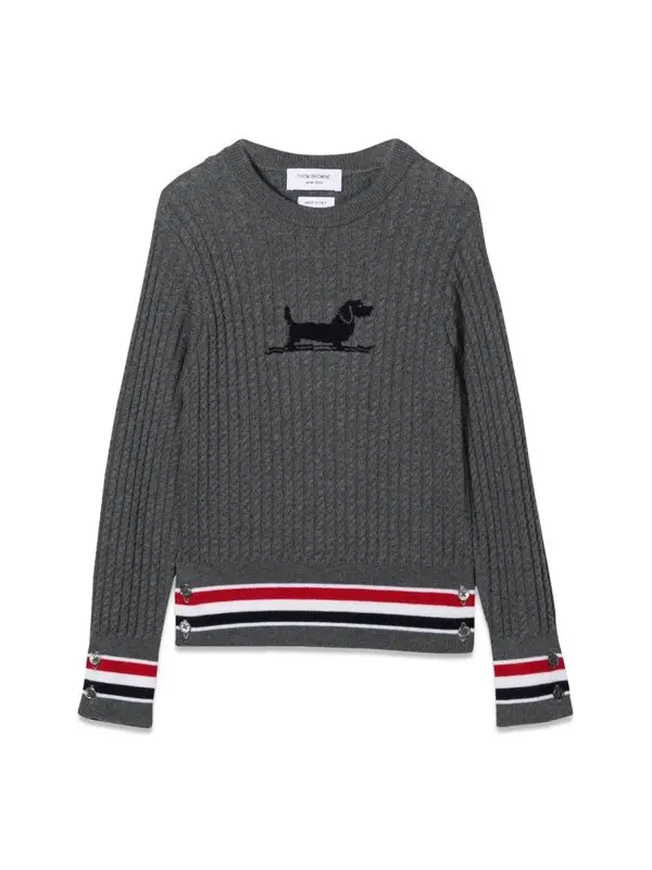 Thom Browne Baby Cable Crewneck Pullover With Dachshund Embroidery - Grey