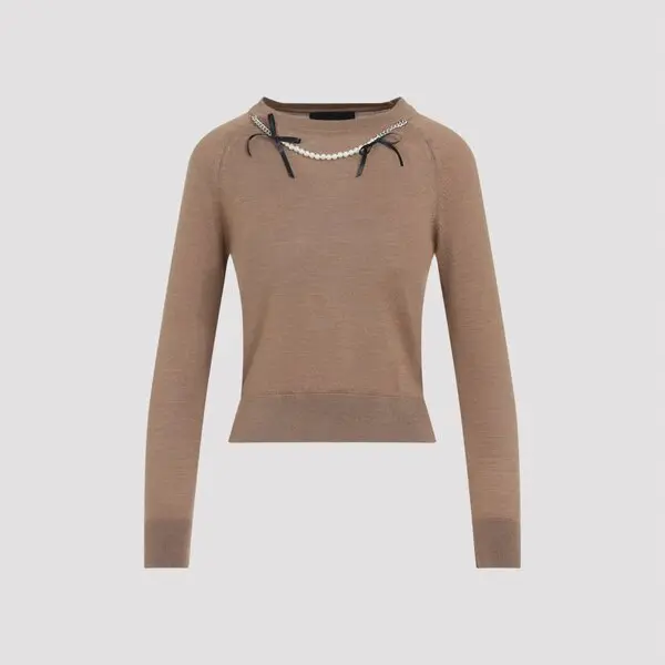 Simone Rocha Merino Wool And Silk Pullover With Pearl And Ribbon Detail - Brown