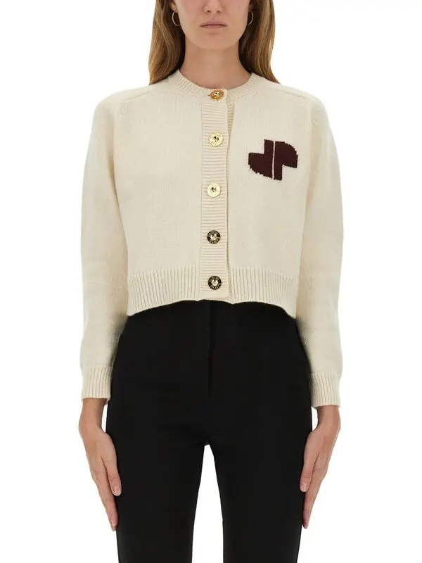 PATOU Cropped Wool Cashmere Cardigan With Logo - Beige