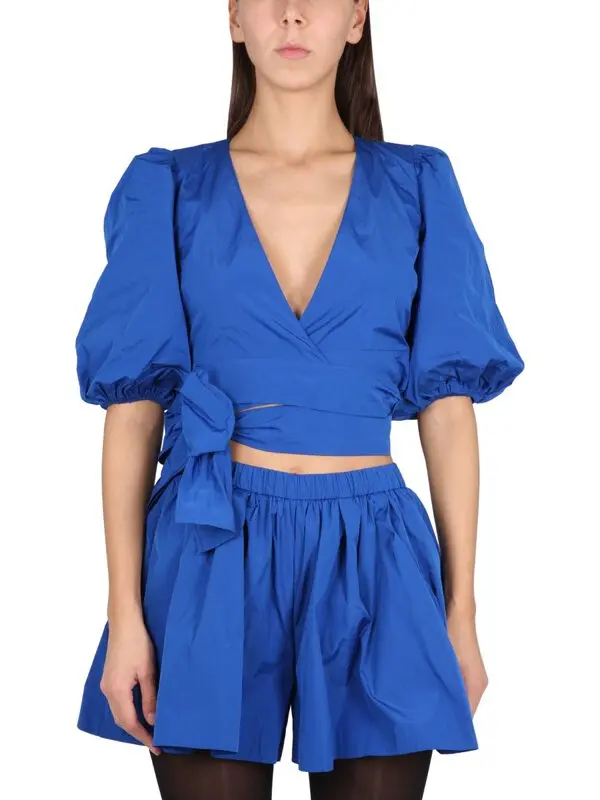 Red Valentino Taffeta Puff Sleeve Top With Front Tie - Blue