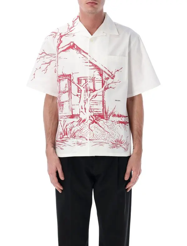 Prada Printed Cotton Bowling Shirt - Red
