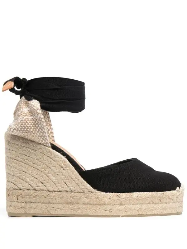 CastaÑer Organic Cotton Wedge Espadrille With Straps And Double Platform - Nero