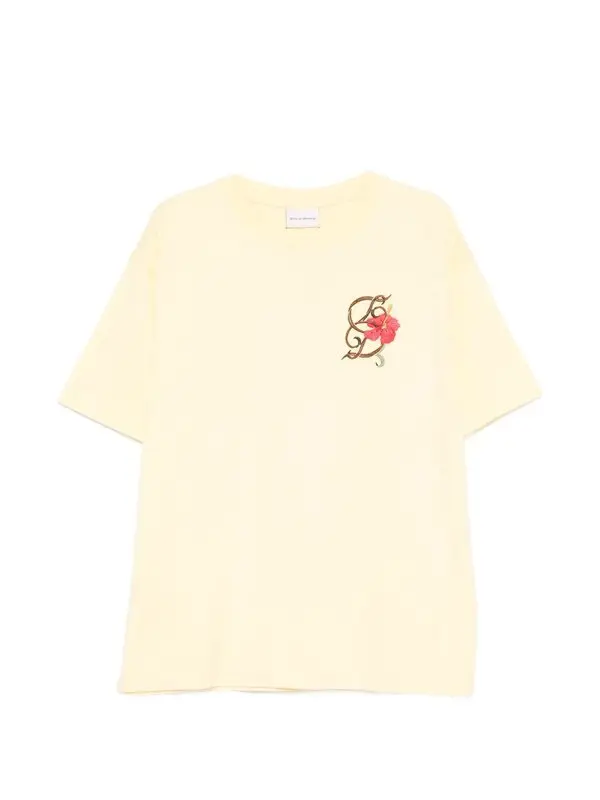 Drole De Monsieur Hibiscus 'd' Embroidered Ribbed Collar T-shirt - Yellow