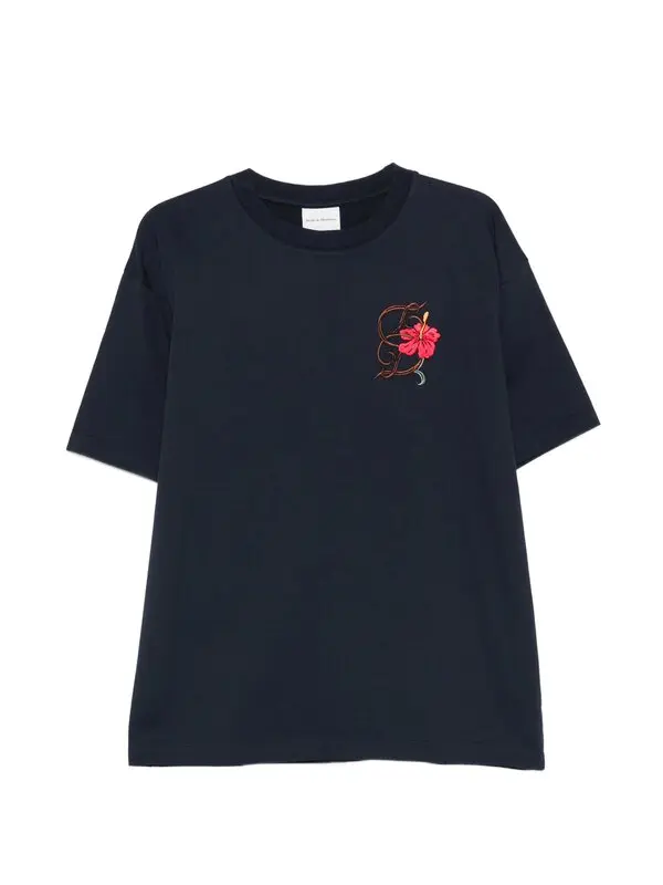 Drole De Monsieur Embroidered Hibiscus Tee With Ribbed Collar - Blue