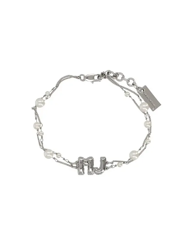 Marc Jacobs Double Chain Bracelet With Faux Pearls And Mj Logo - Silver