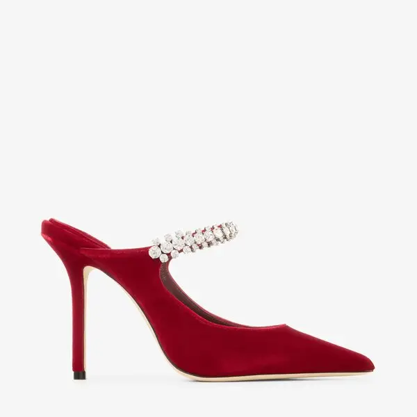 JIMMY CHOO Pointed Toe Slip-on Sandals With Crystal Strap And 100mm Heel - Red